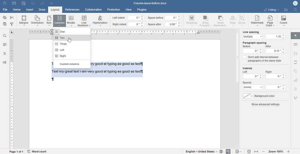 Using Columns creates page border - Desktop editors - ONLYOFFICE Community